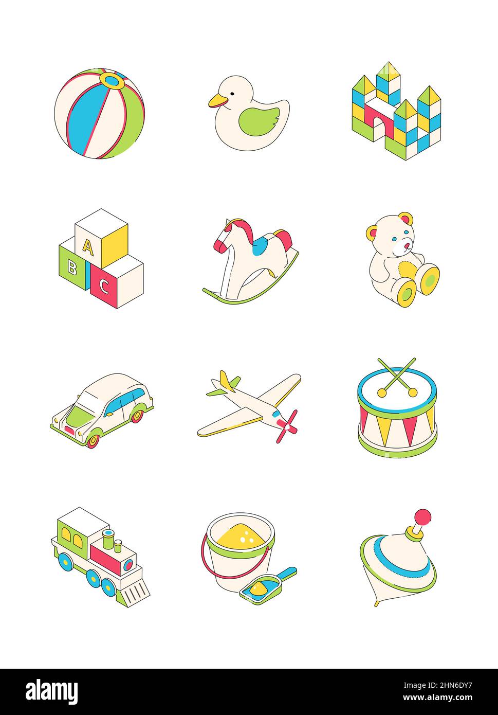 Toys for children - modern isometric vector icon set. Editable stroke ...