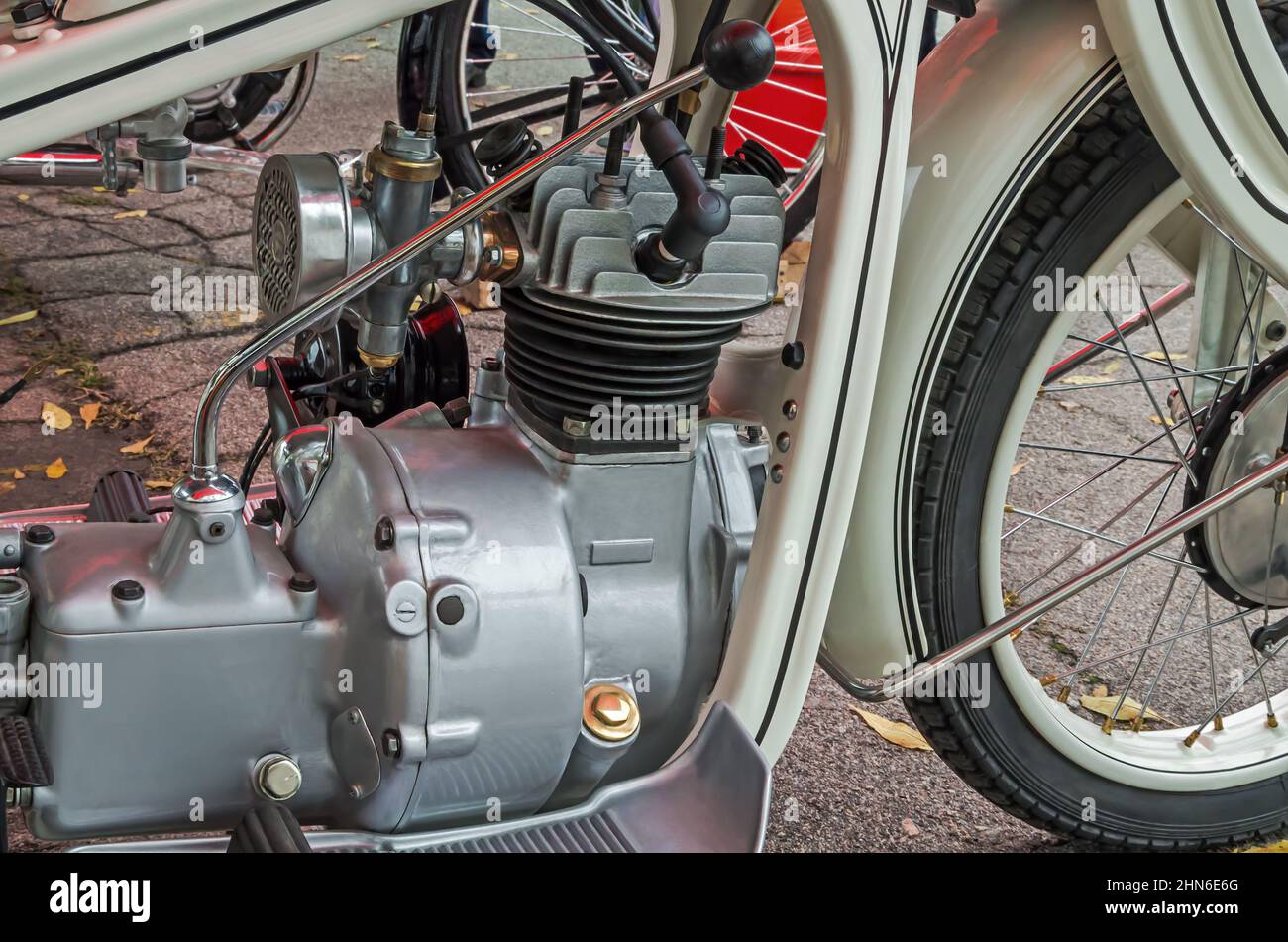 Single-cylinder retro motorcycle engine from the early 19th century is ...