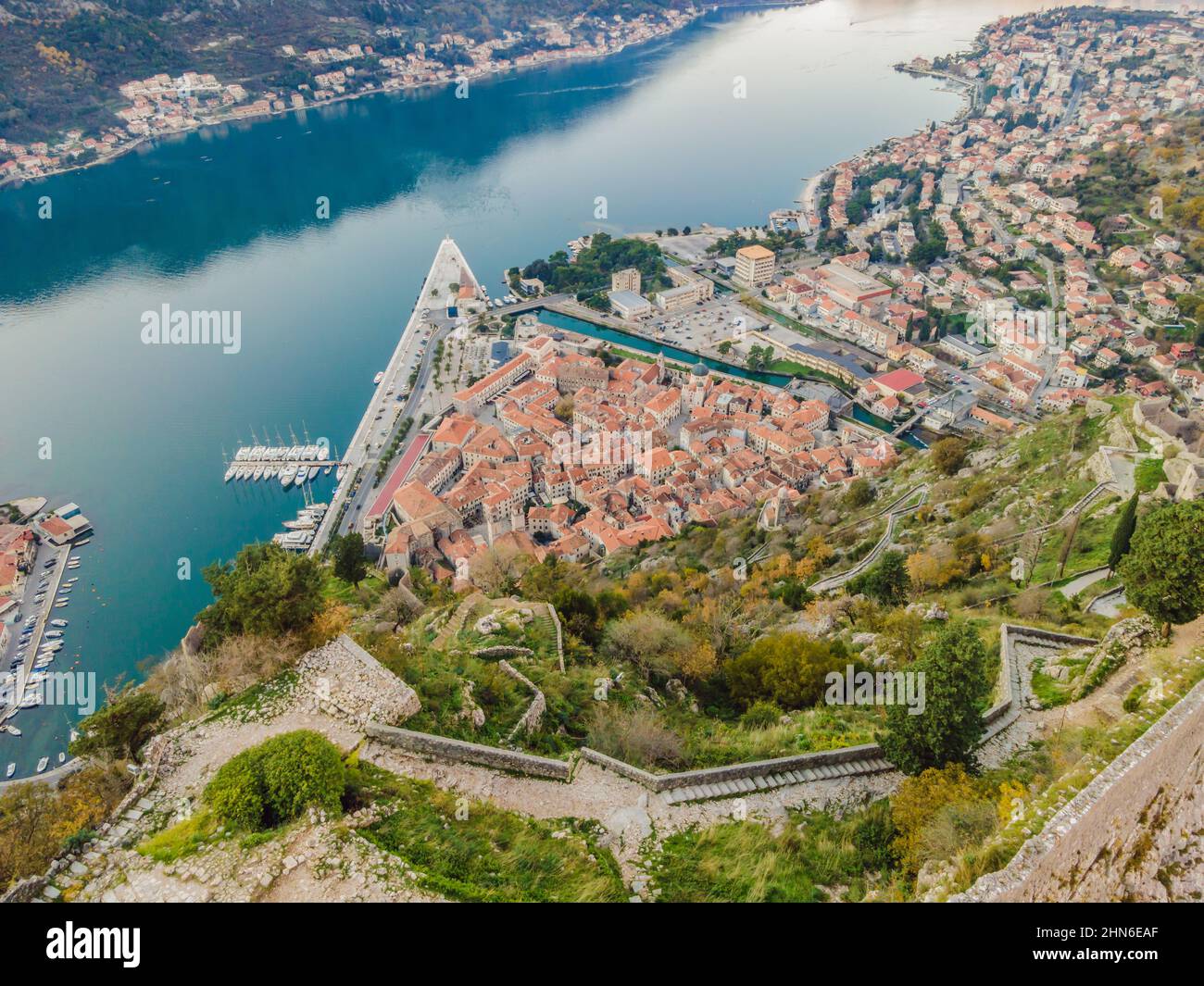 Kotor Old Town Ladder of Kotor Fortress Hiking Trail. Aerial drone view ...