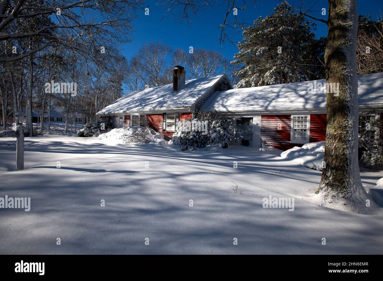 A snow blasted home on Cape Cod, Massachusetts in the Town of Dennis ...