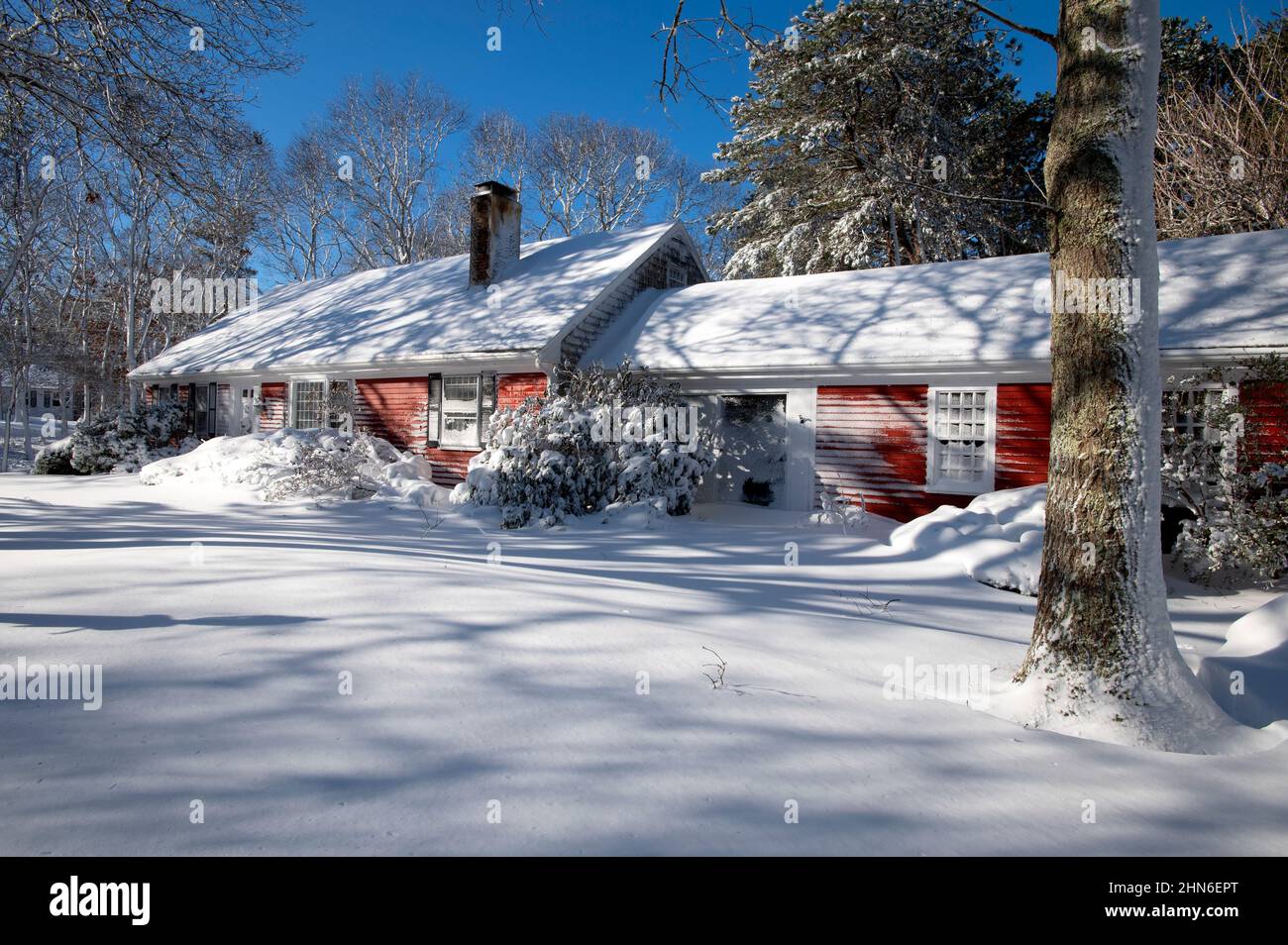 A snow blasted home on Cape Cod, Massachusetts in the Town of Dennis ...