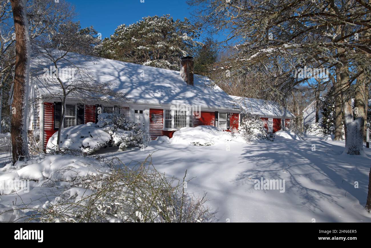 A snow blasted home on Cape Cod, Massachusetts in the Town of Dennis ...