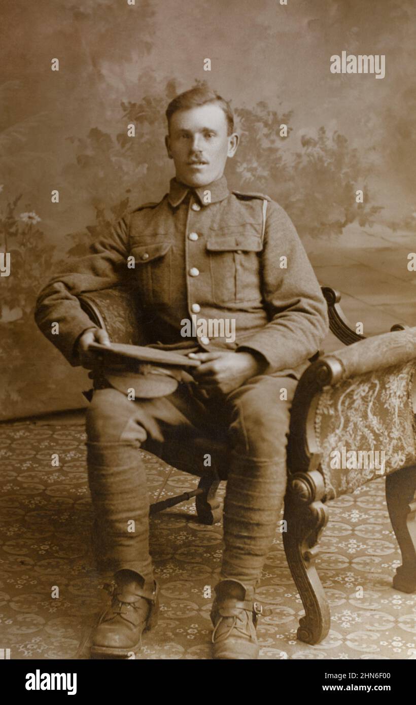 A First World War era picture of a British soldier, a Private in the Army Service Corps. Taken ...