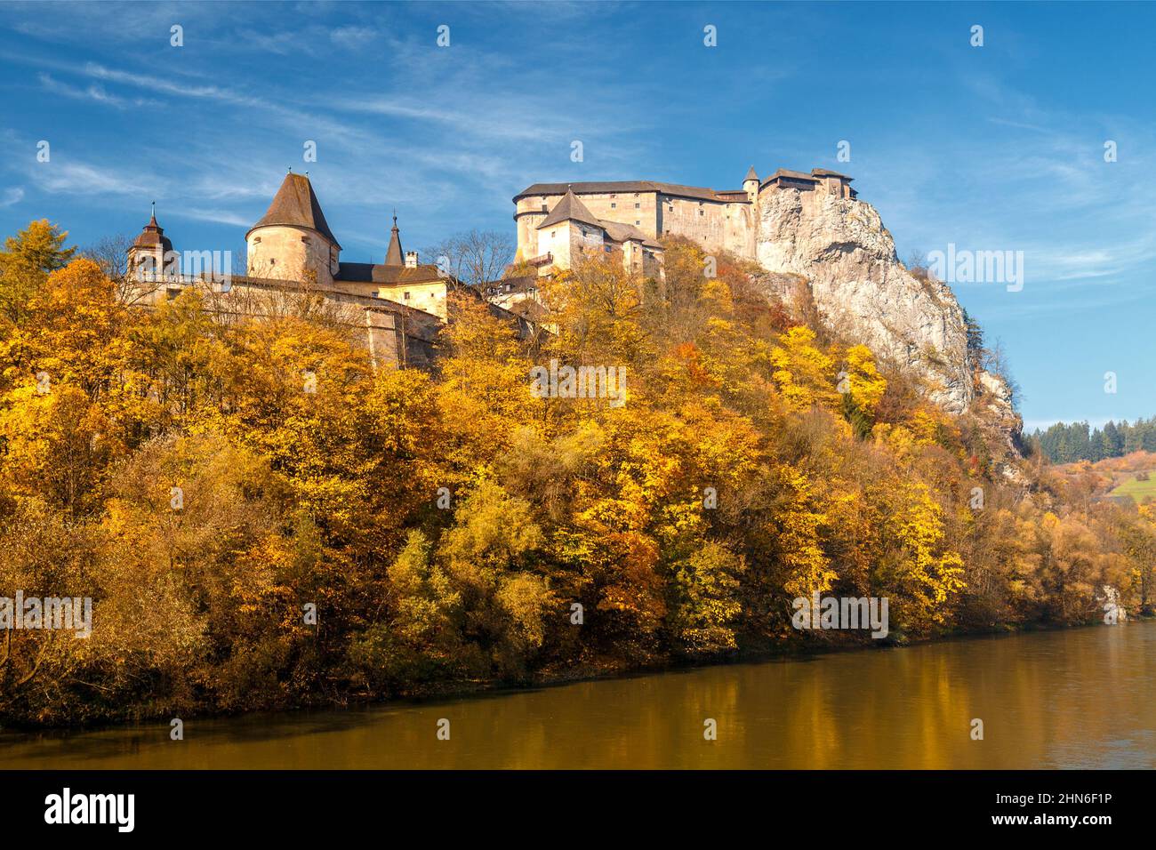 The medieval Orava Castle over a river, central Europe, Slovakia Stock ...