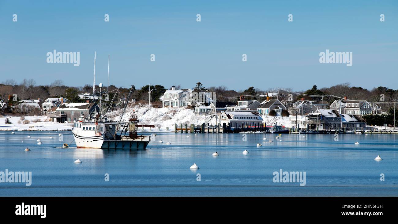 A winter view looking across Stage Harbor, Chatham, Massachusetts, USA ...