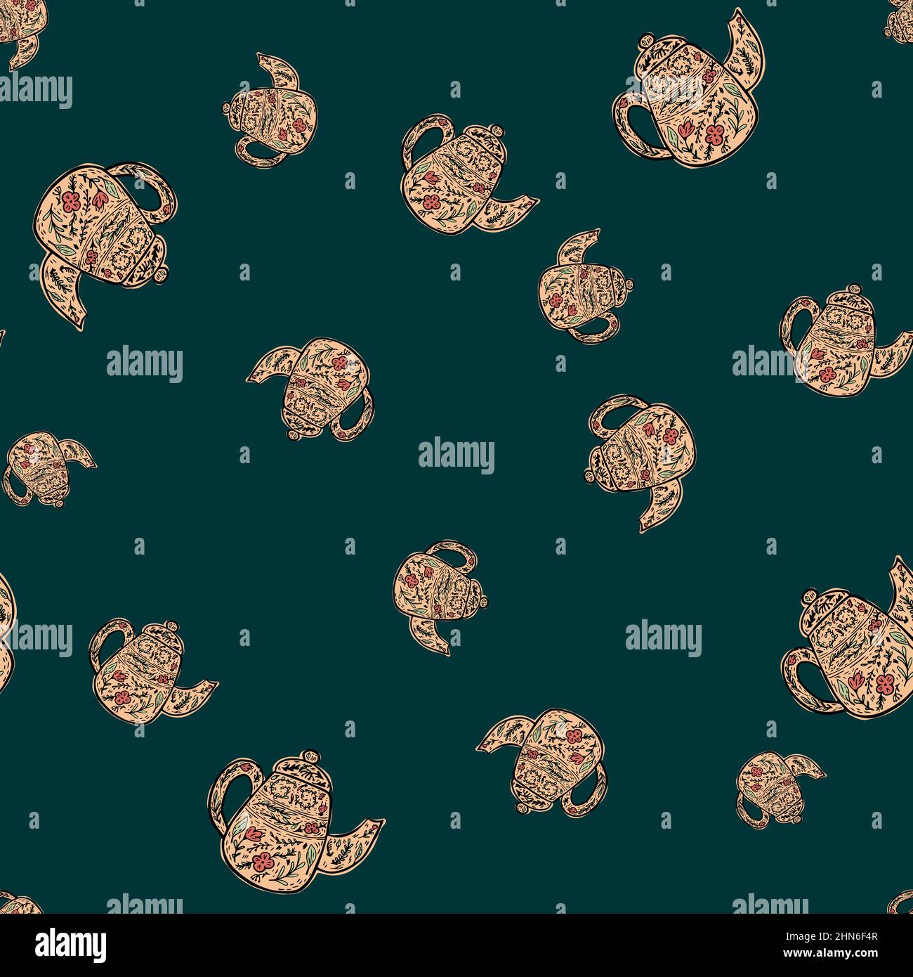 Vintage teapots seamless pattern. Background of teatime in hand drawn ...