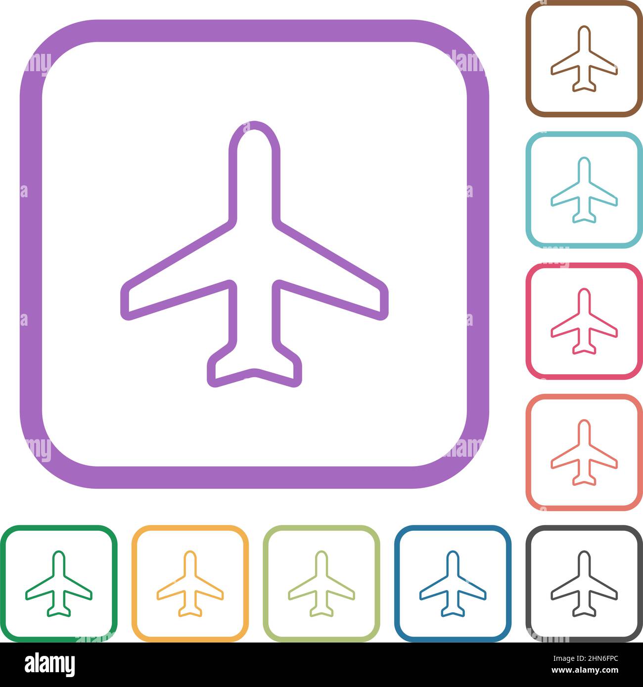 Airplane top view outline simple icons in color rounded square frames ...