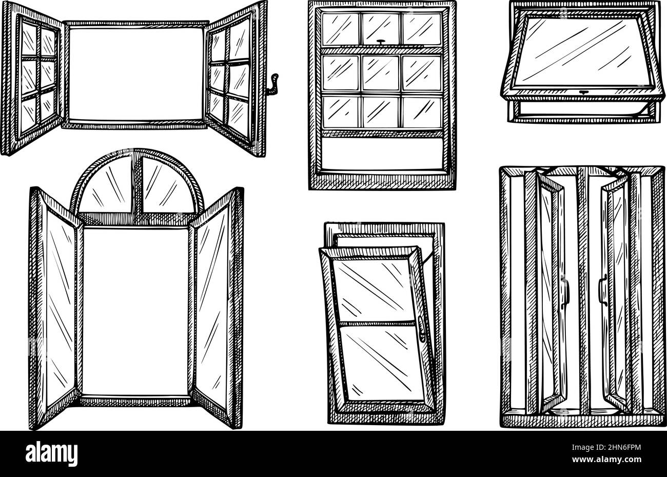 Set Opened window rectangle sketch isolated. Retro several windows ...