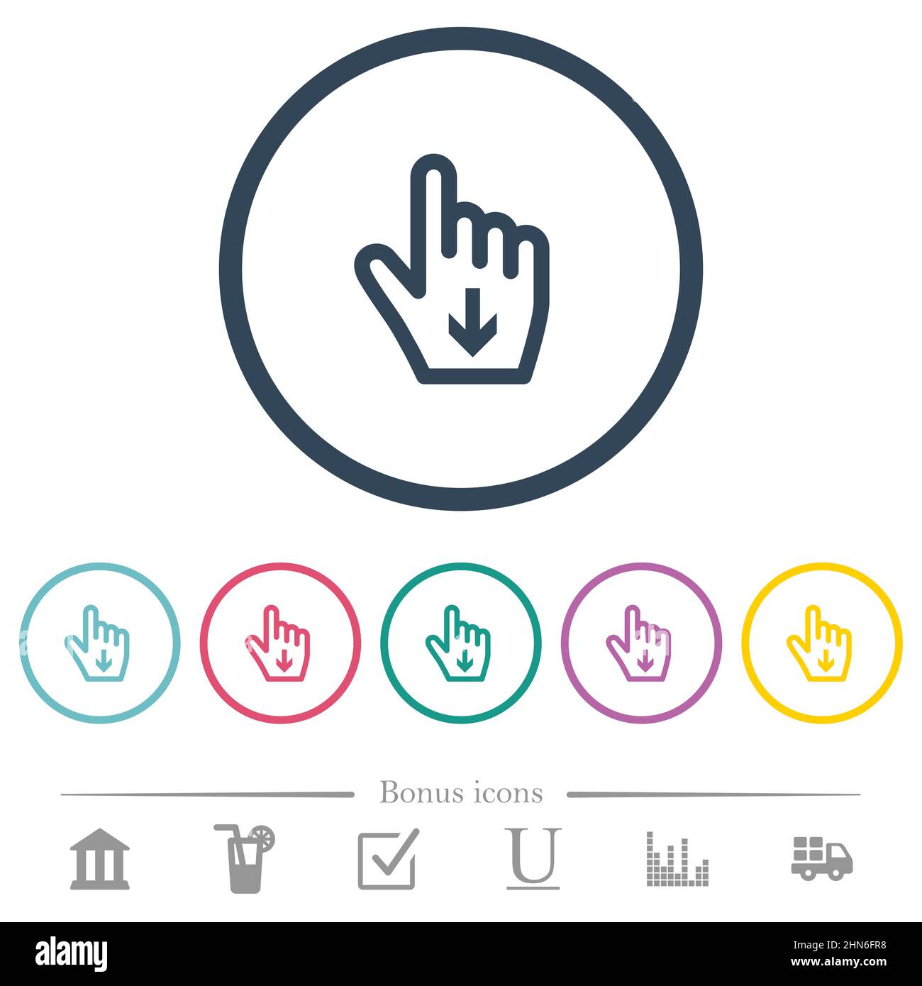 Hand cursor down outline flat color icons in round outlines. 6 bonus ...