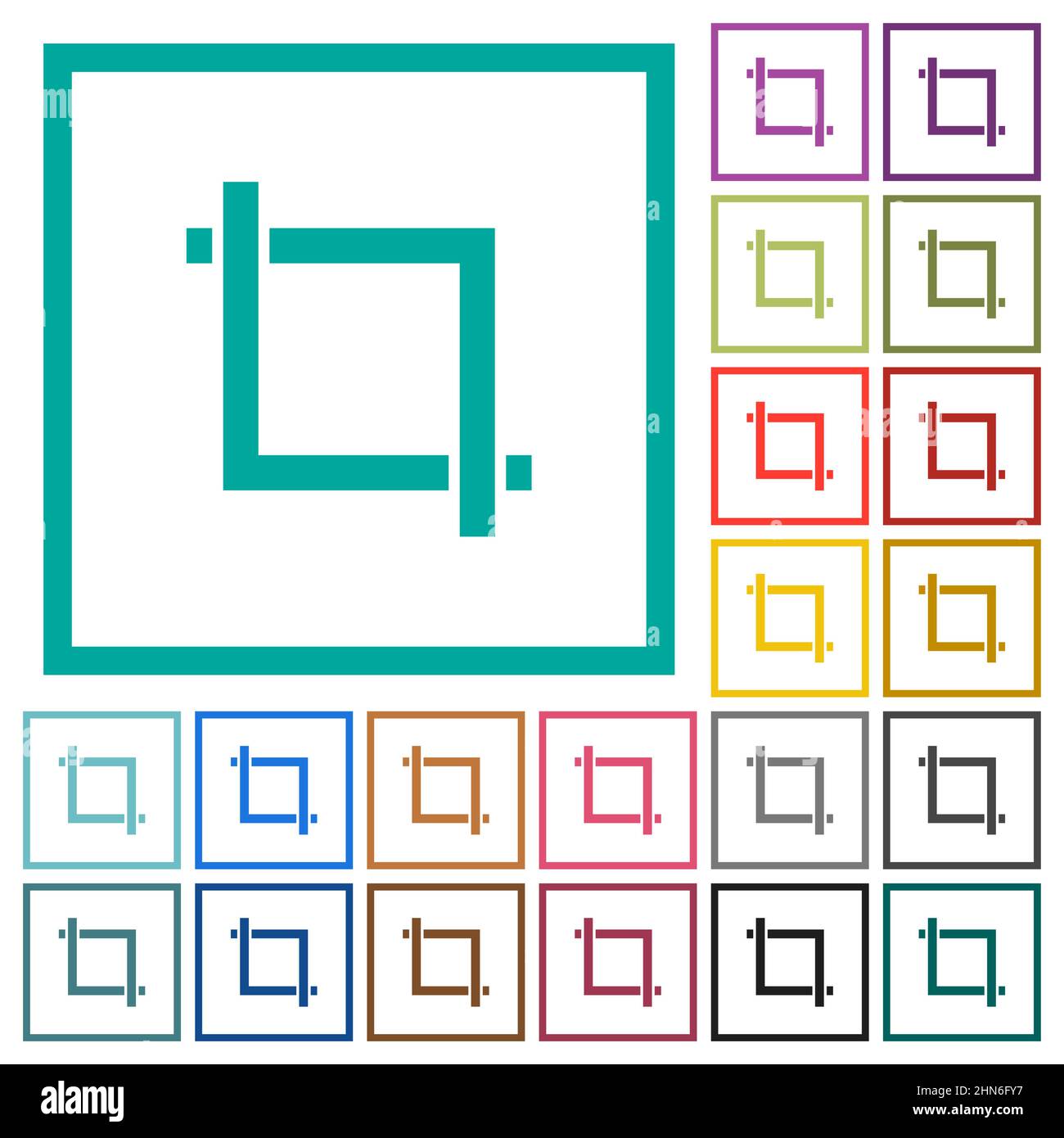 Crop tool flat color icons with quadrant frames on white background ...