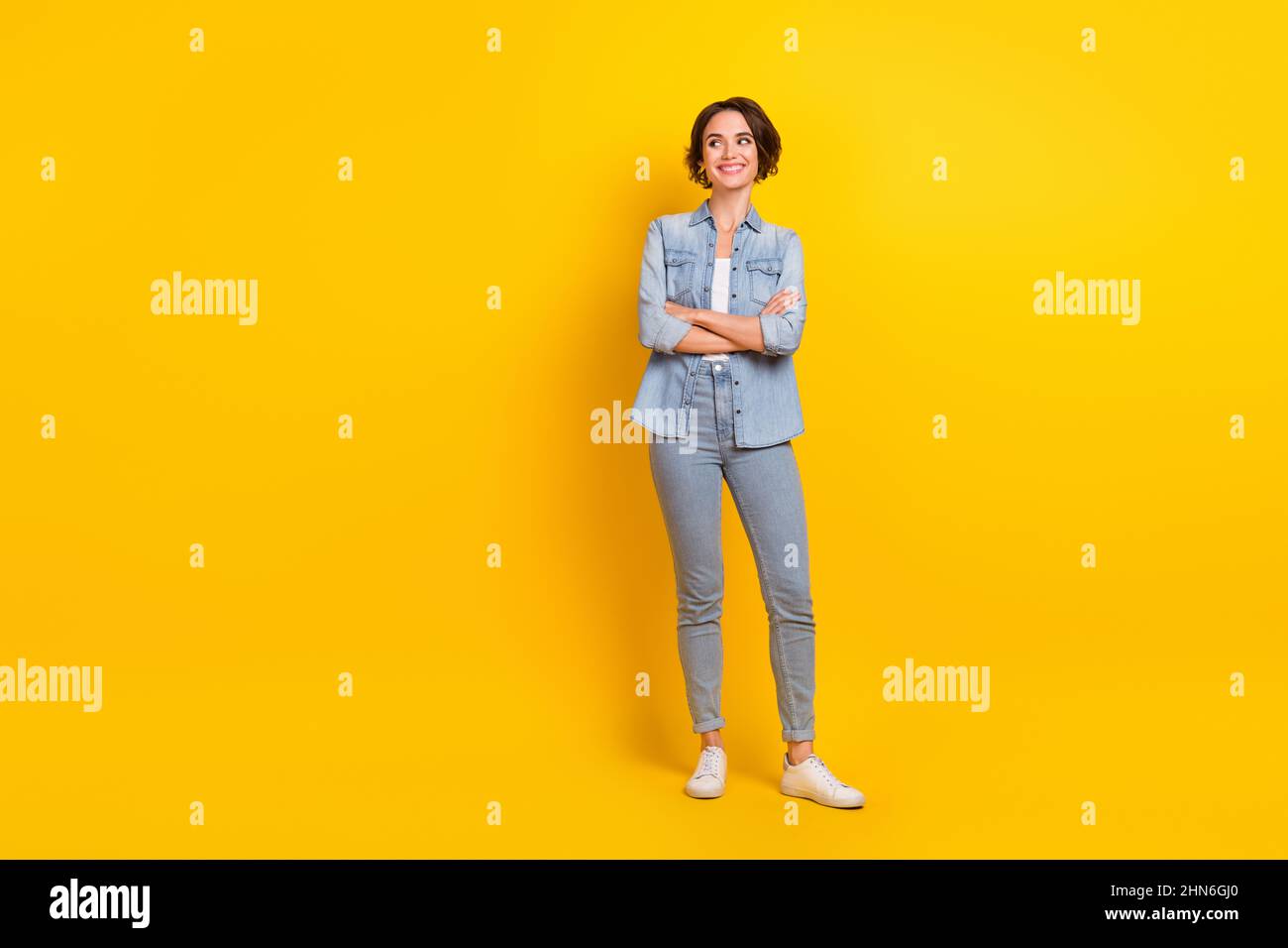 Full body photo of young cheerful lovely woman dream look empty space ...