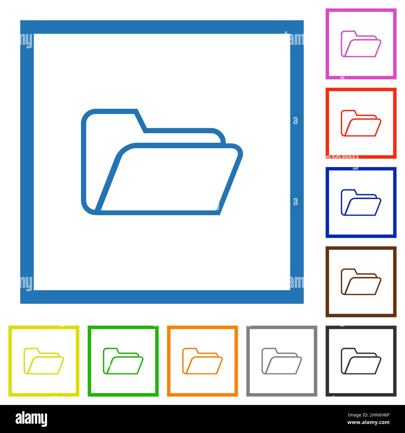 Folder open outline flat color icons in square frames on white ...