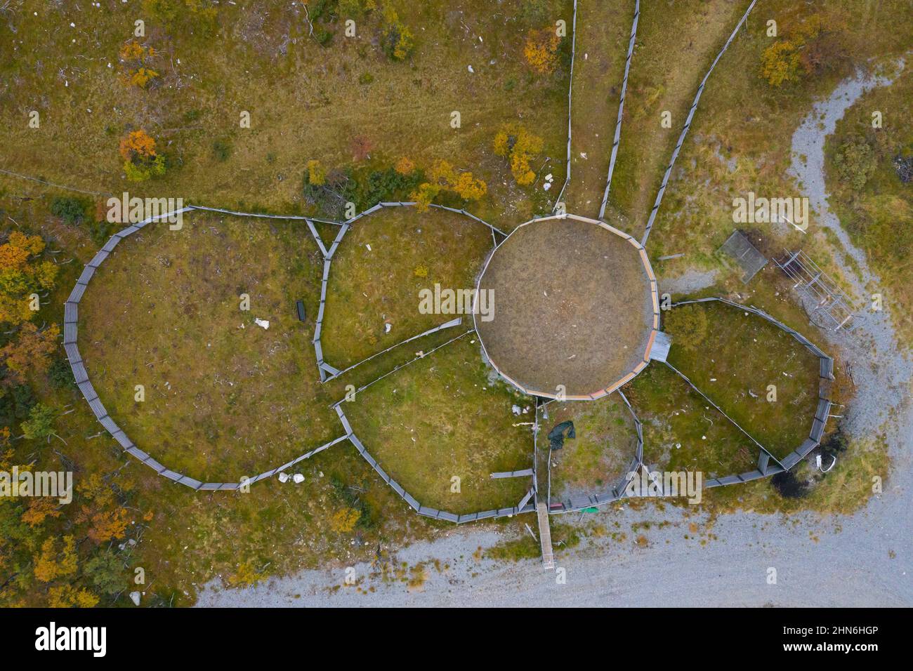 Aerial view over fences of Sami herders' corral for trapping reindeer ...