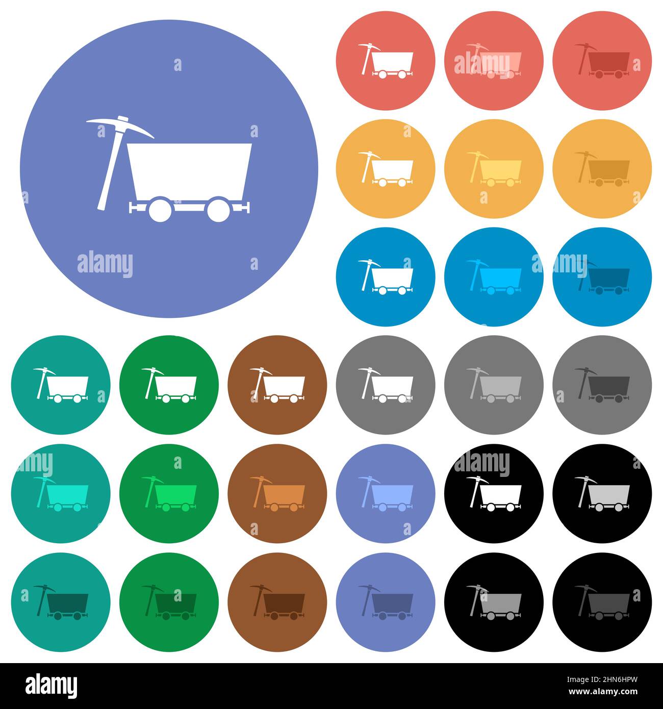 Mine cart and pickaxe multi colored flat icons on round backgrounds. Included white, light and ...
