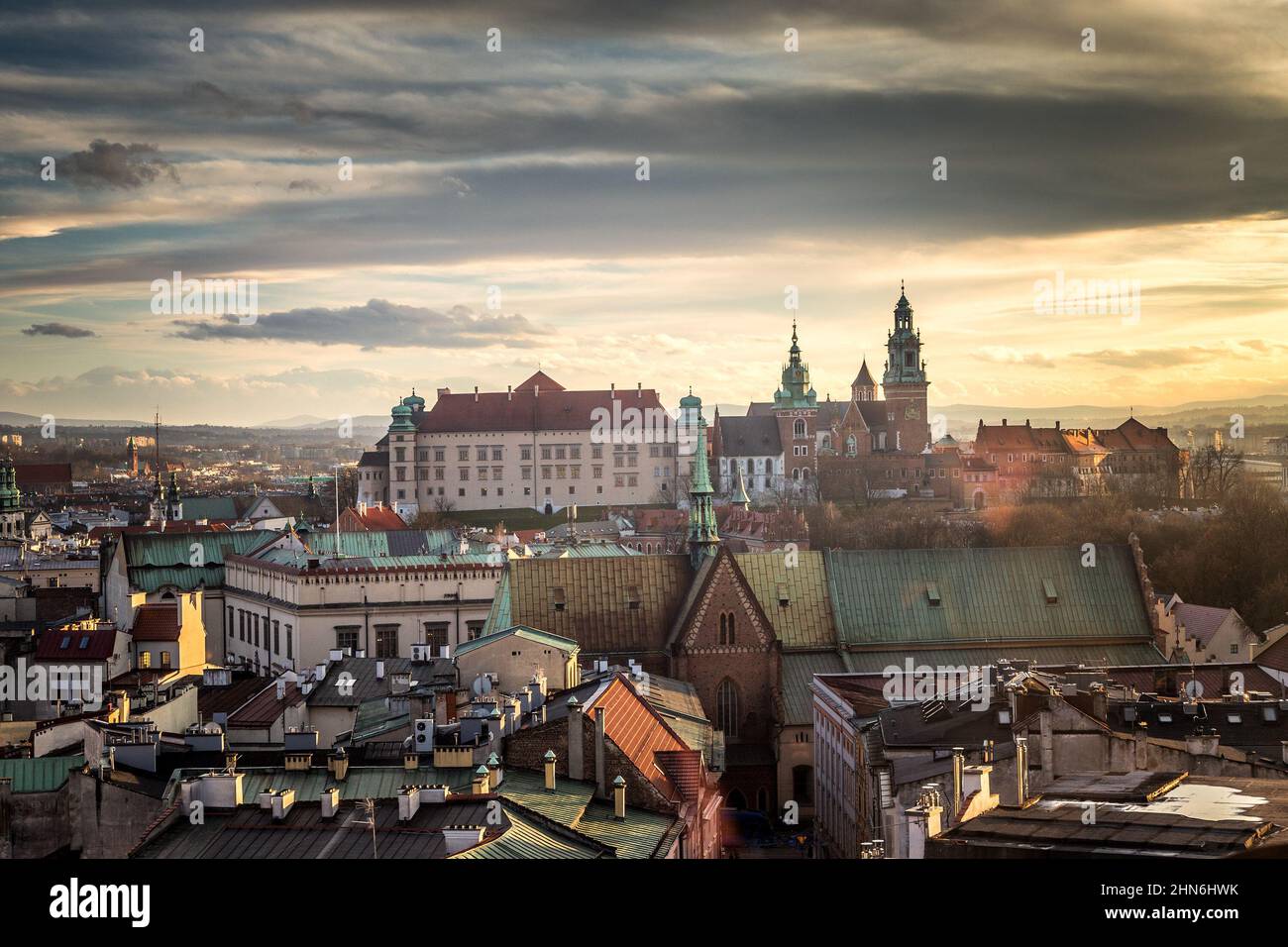 Krakow, view from above the historic Polish city with Wawel castle ...
