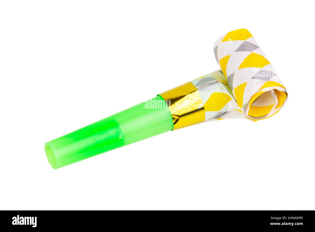 Rolled bright festive noisemaker or party whistle horn isolated on the ...