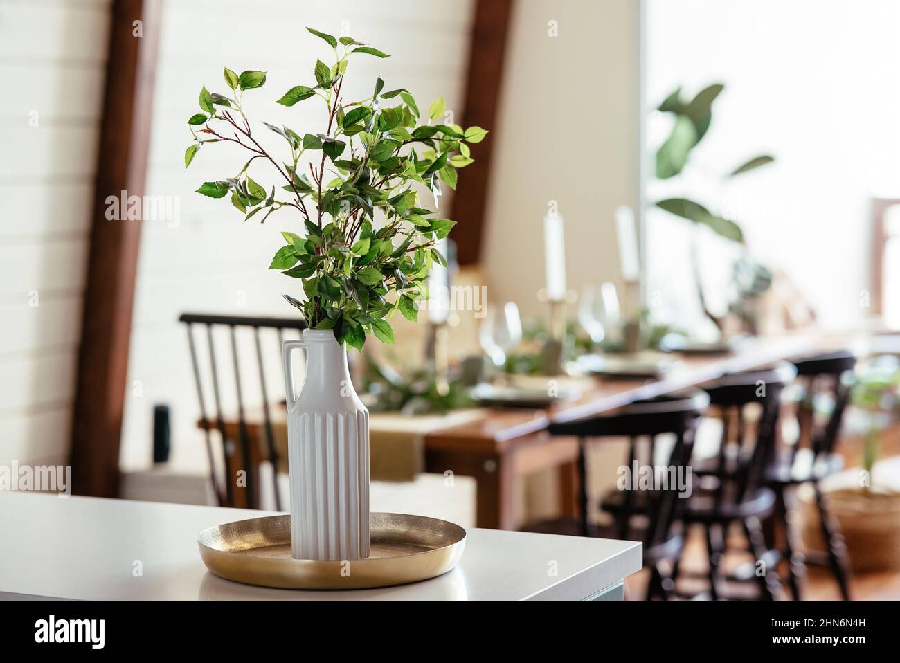 The table was set for dinner in the background out of focus Stock Photo ...