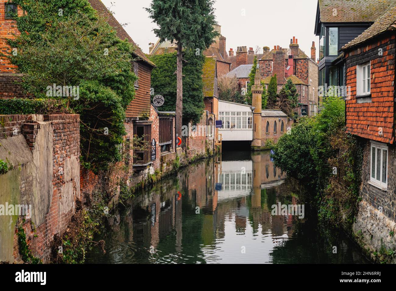 Canterbury, UK - Feb 11 2022 The river Stour running through the ...