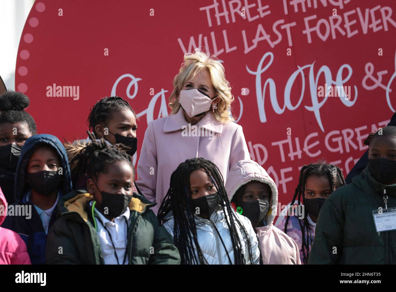 US First Lady Jill Biden, joined by school children, looks at a ...