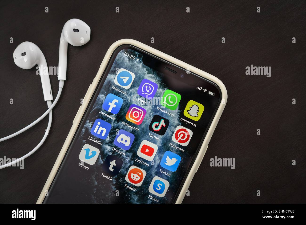 KIEV, UKRAINE - DECEMBER 21, 2020: Social media icons on screen of ...