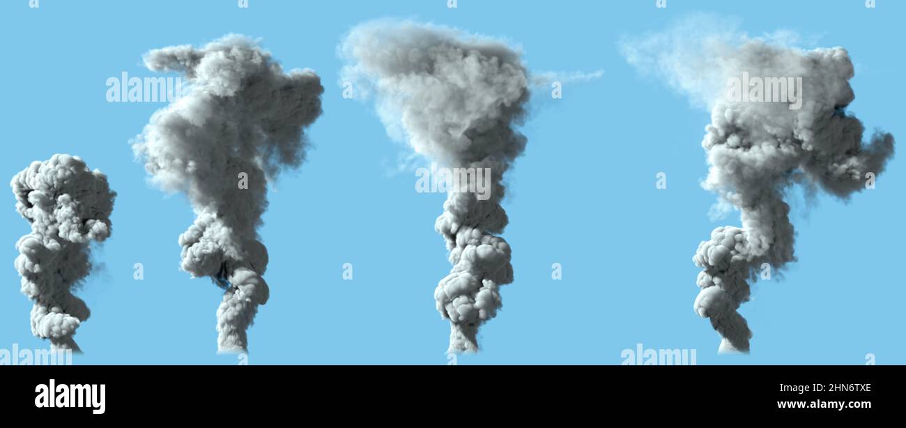 4 different images of solid gray smoke column as from volcano or huge ...