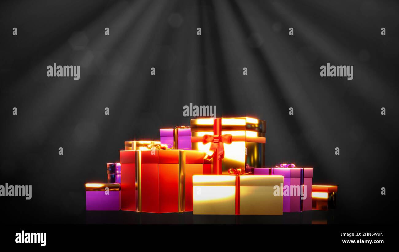lighting present boxes pile on dark backdrop - object 3D illustration ...