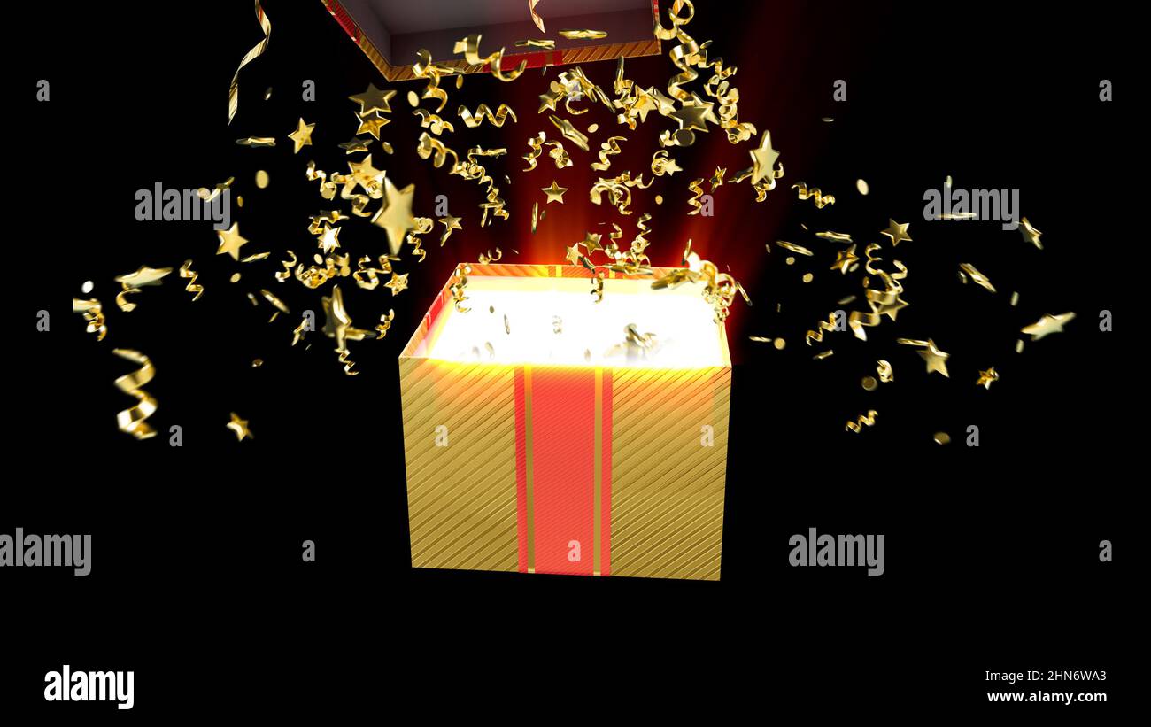 opened decorated goldish and red present box on black, isolated ...