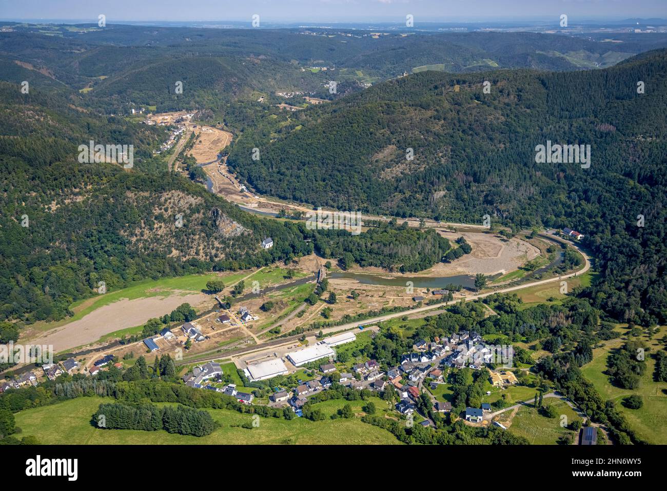 Luftbild, Überschwemmungsgebiet am Fluss Ahr im Ortsteil Pützfeld in ...