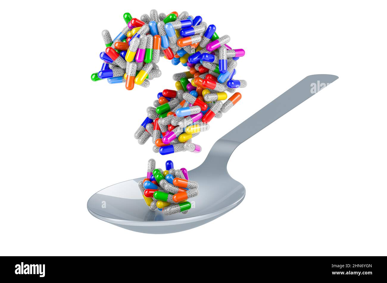 Question mark from medical drugs on a spoon. 3D rendering isolated on ...