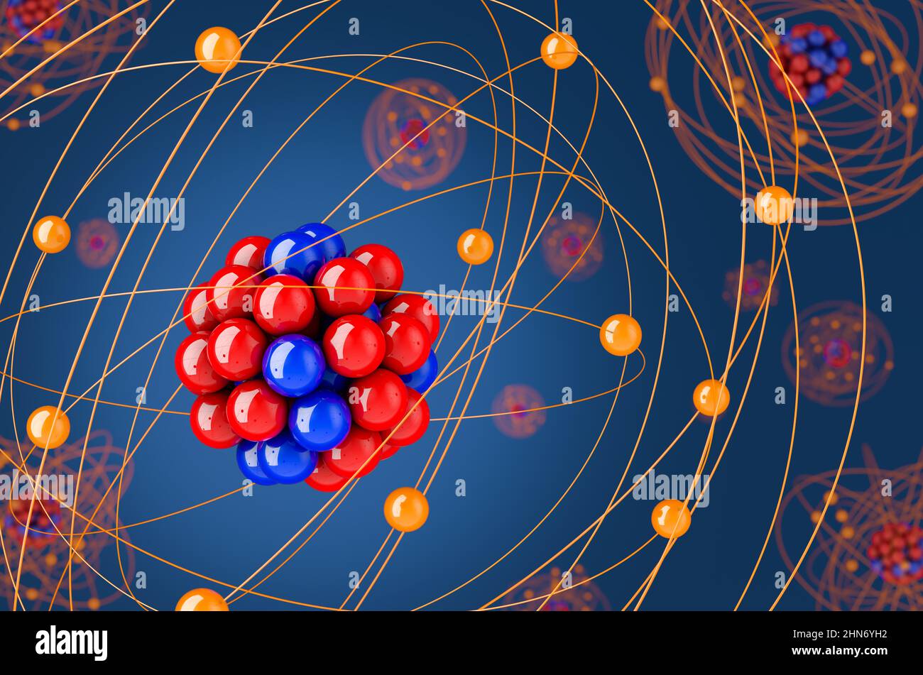 Structure of atom, 3D rendering on blue background Stock Photo - Alamy