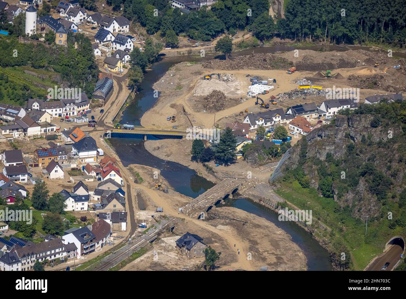 Aerial photograph, flooded area on the river Ahr with destroyed bridges ...