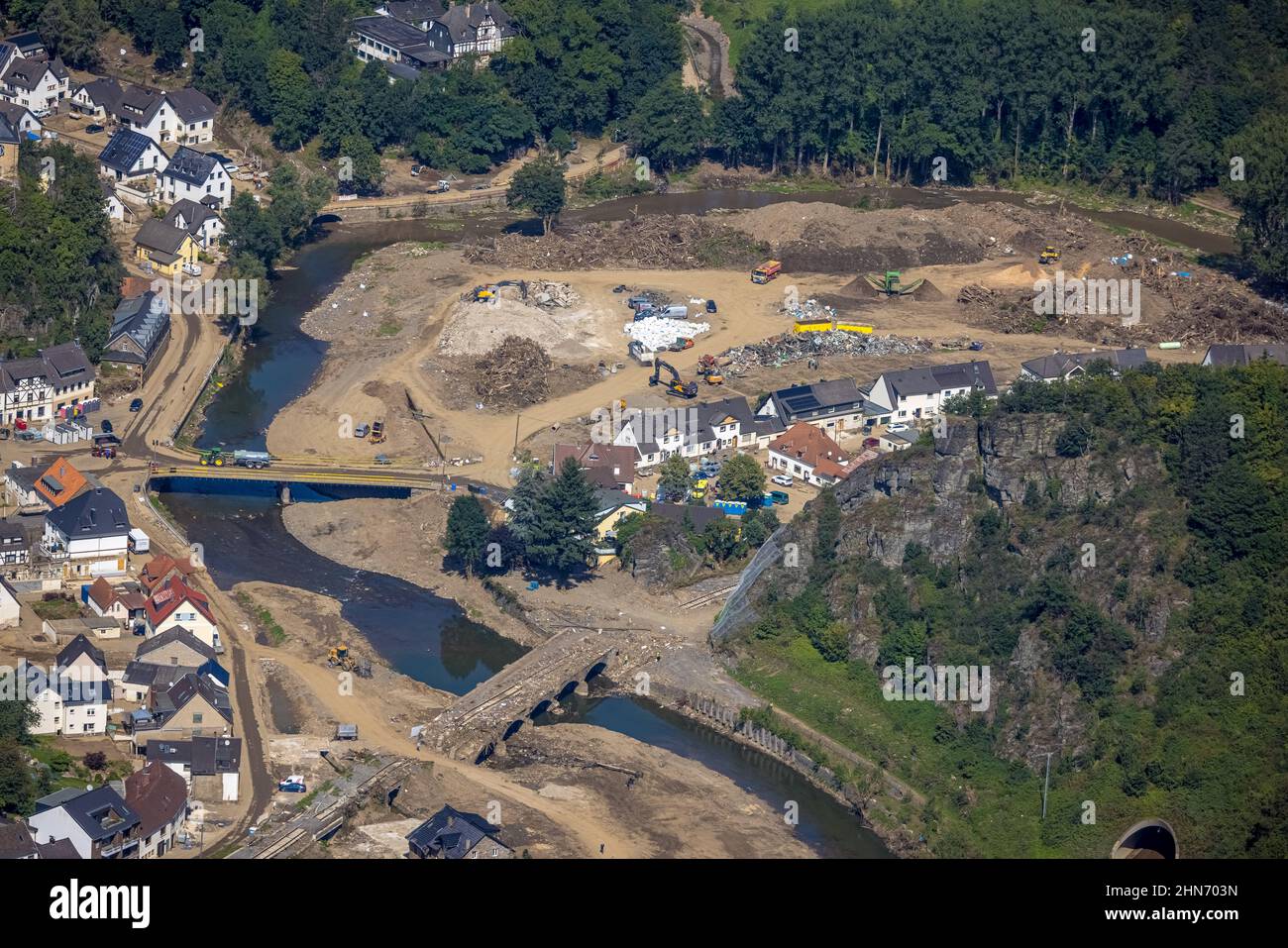 Aerial photograph, flooded area on the river Ahr with destroyed bridges ...