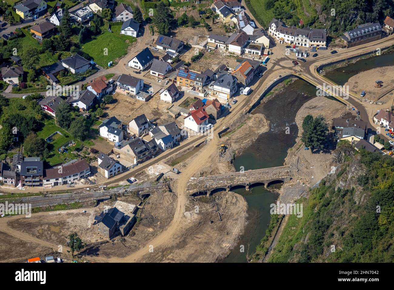 Aerial photograph, flooded area on the river Ahr with destroyed bridges ...