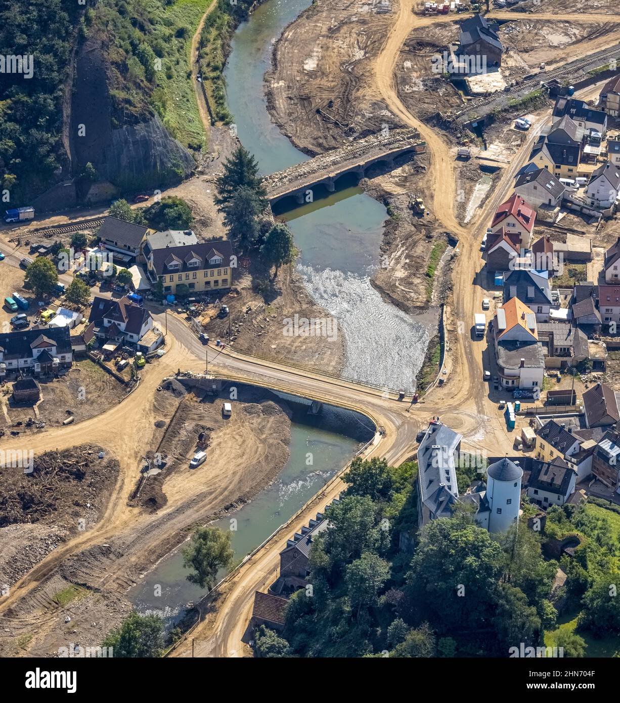 Aerial photograph, flooded area at the river Ahr with destroyed bridges ...