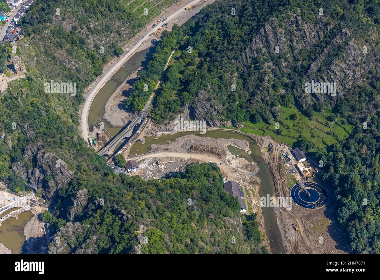 Aerial view, flooded area at the river Ahr with destroyed bridges and ...