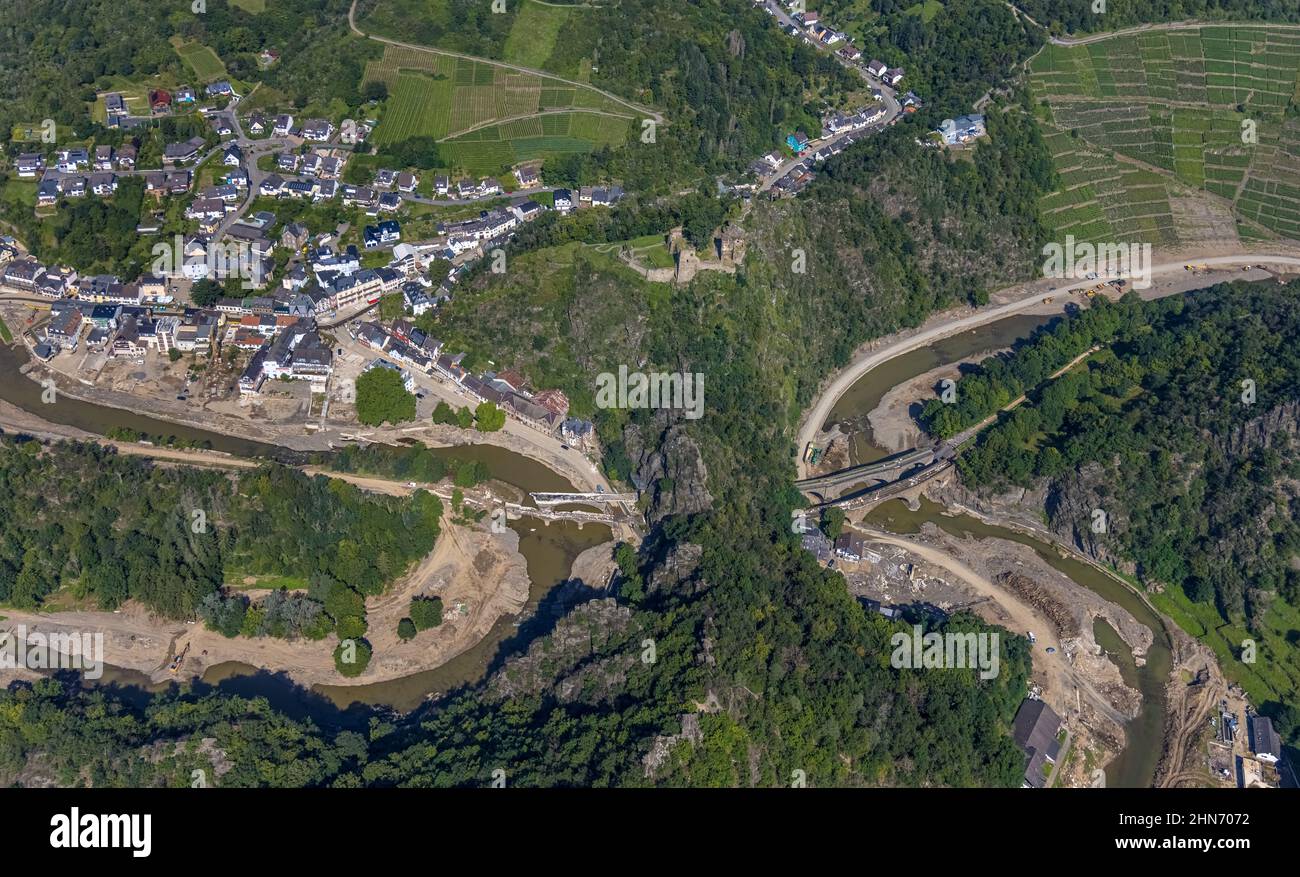 Aerial view, flooded area at the river Ahr with destroyed bridges and ...