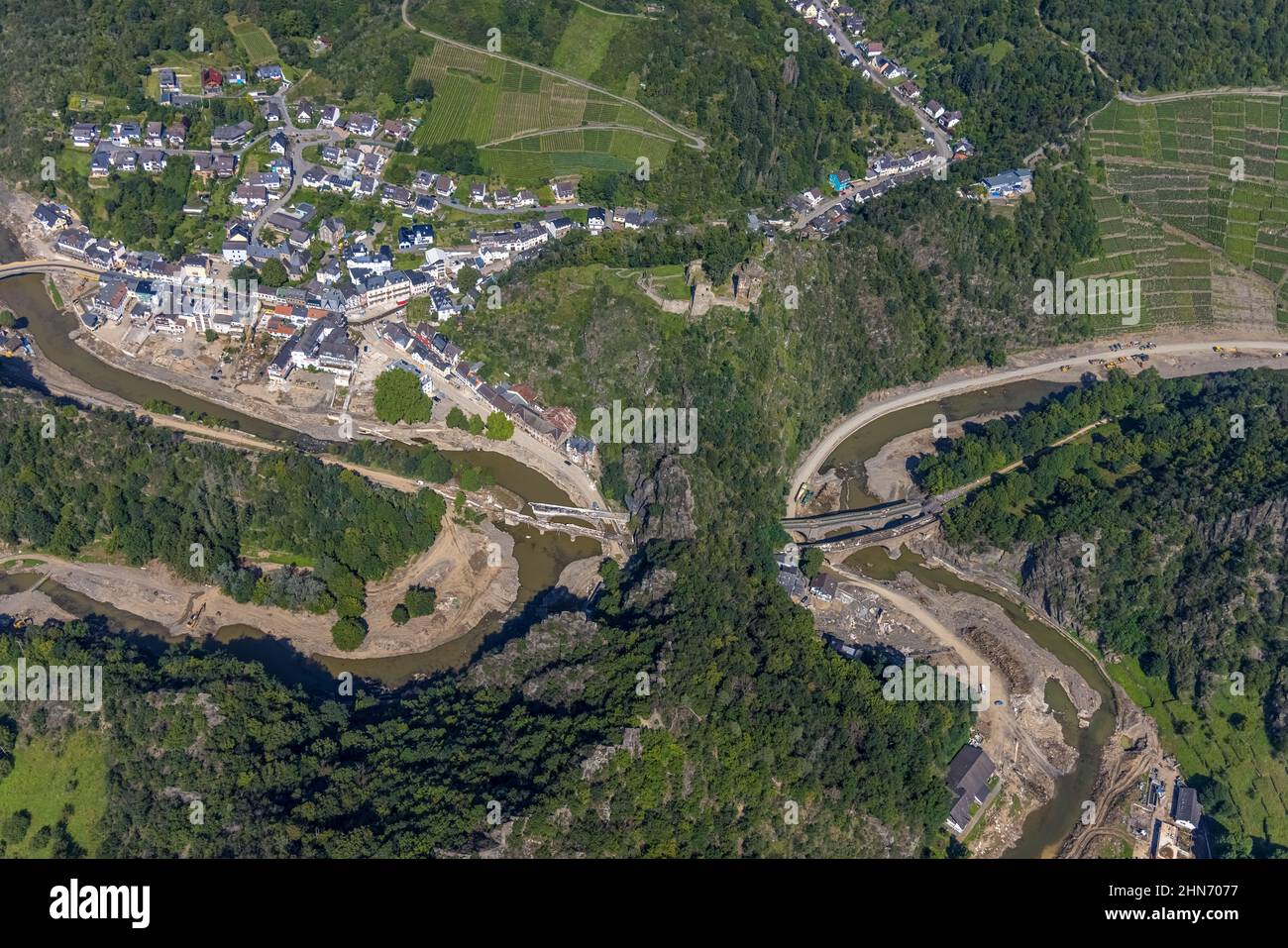 Aerial view, flooded area at the river Ahr with destroyed bridges and ...