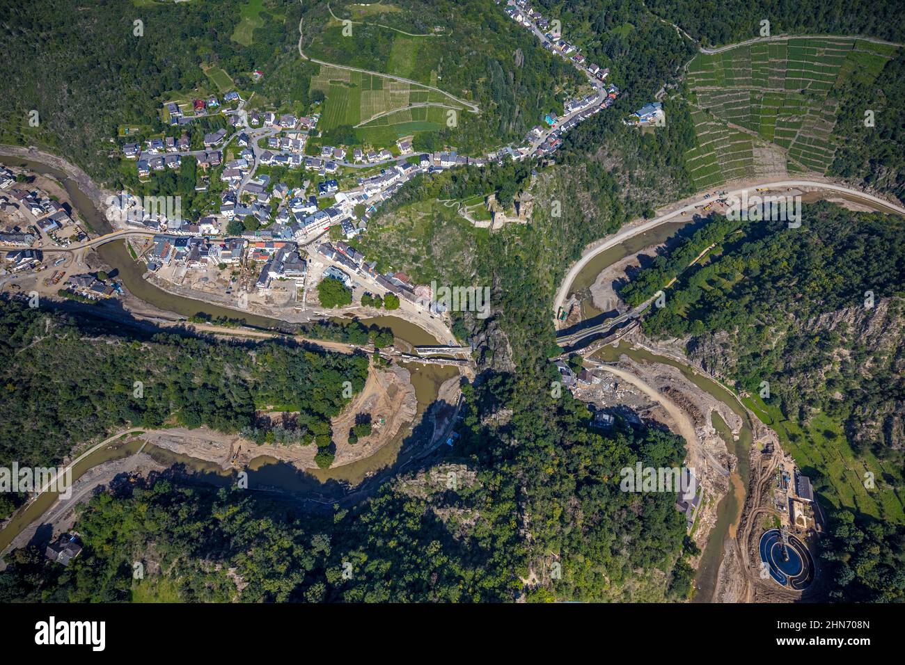 Aerial view, flooded area at the river Ahr with destroyed bridges and ...