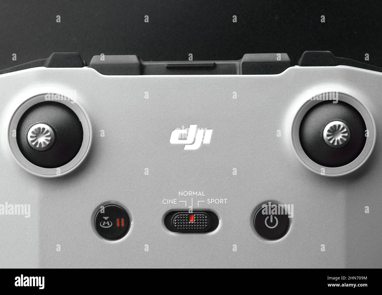 DJI remote control on black background. Control stick of the DJI Mavic ...