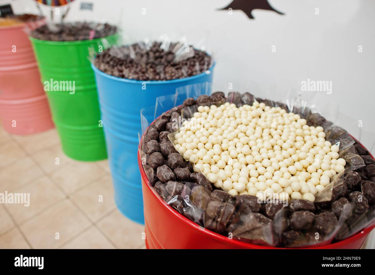 Barrels with sweets in candy shop Stock Photo - Alamy