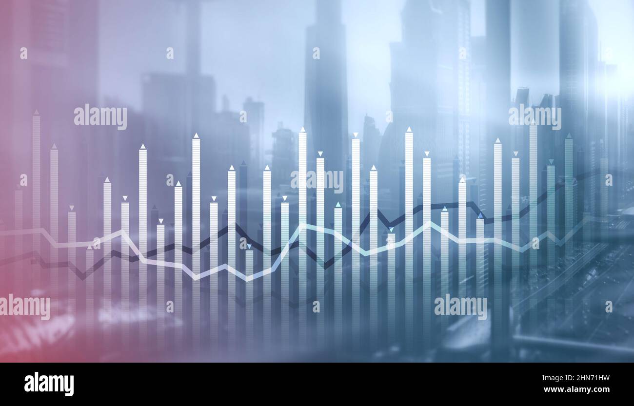 Histogram and lines economic chart on modern architecture background ...