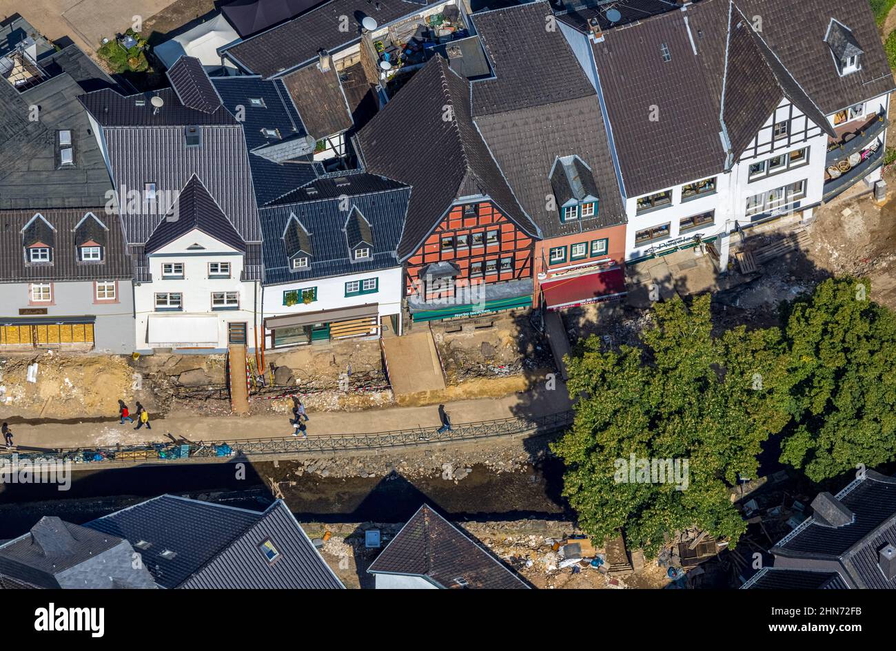 Aerial view, Historic old town flood area with destroyed bank of the ...