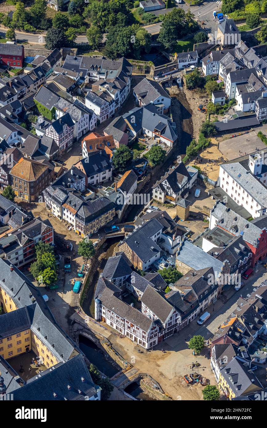 Aerial view, Historic old town flood area with destroyed bank of the ...