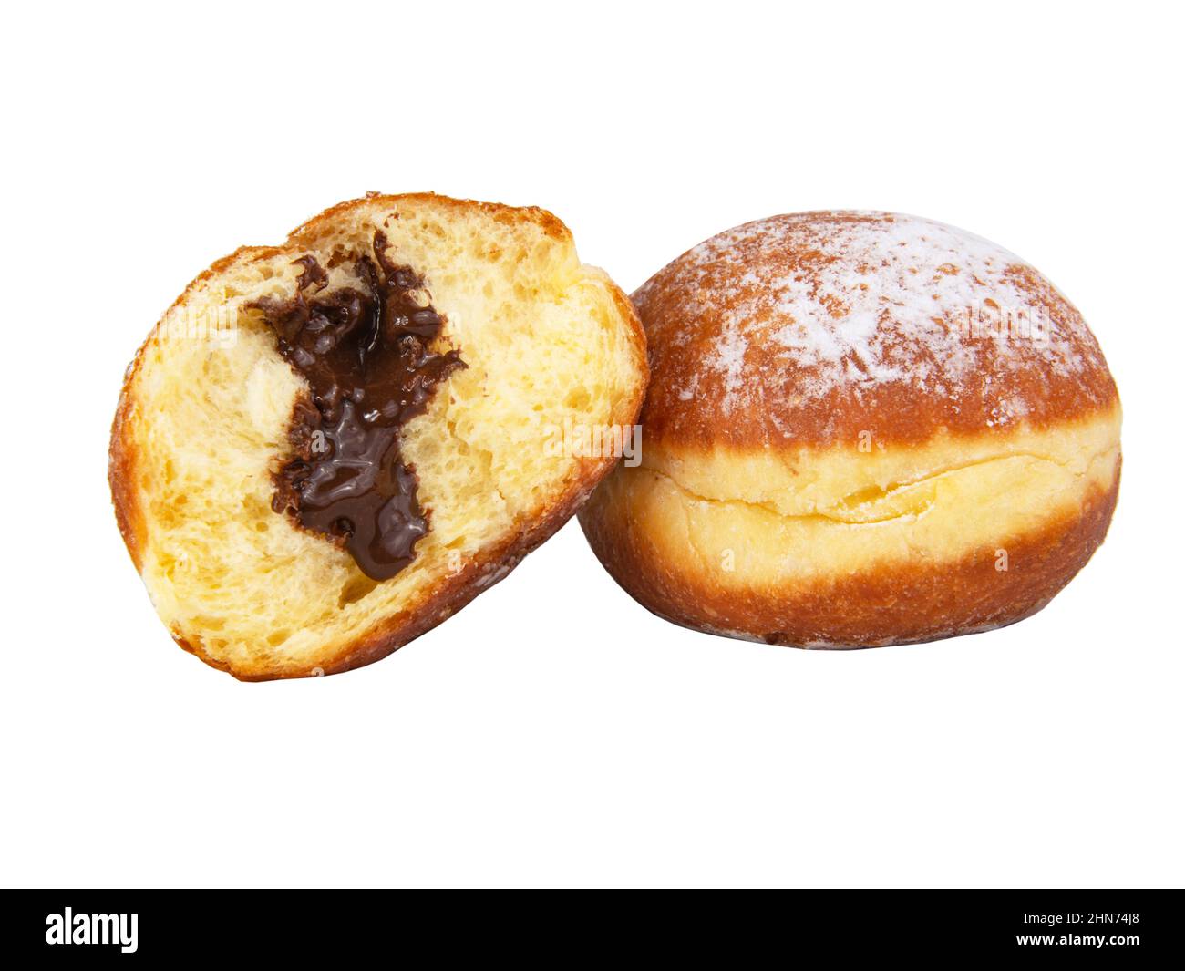 Bright tasty berliner donut ball with chocolate cream filling isolated ...