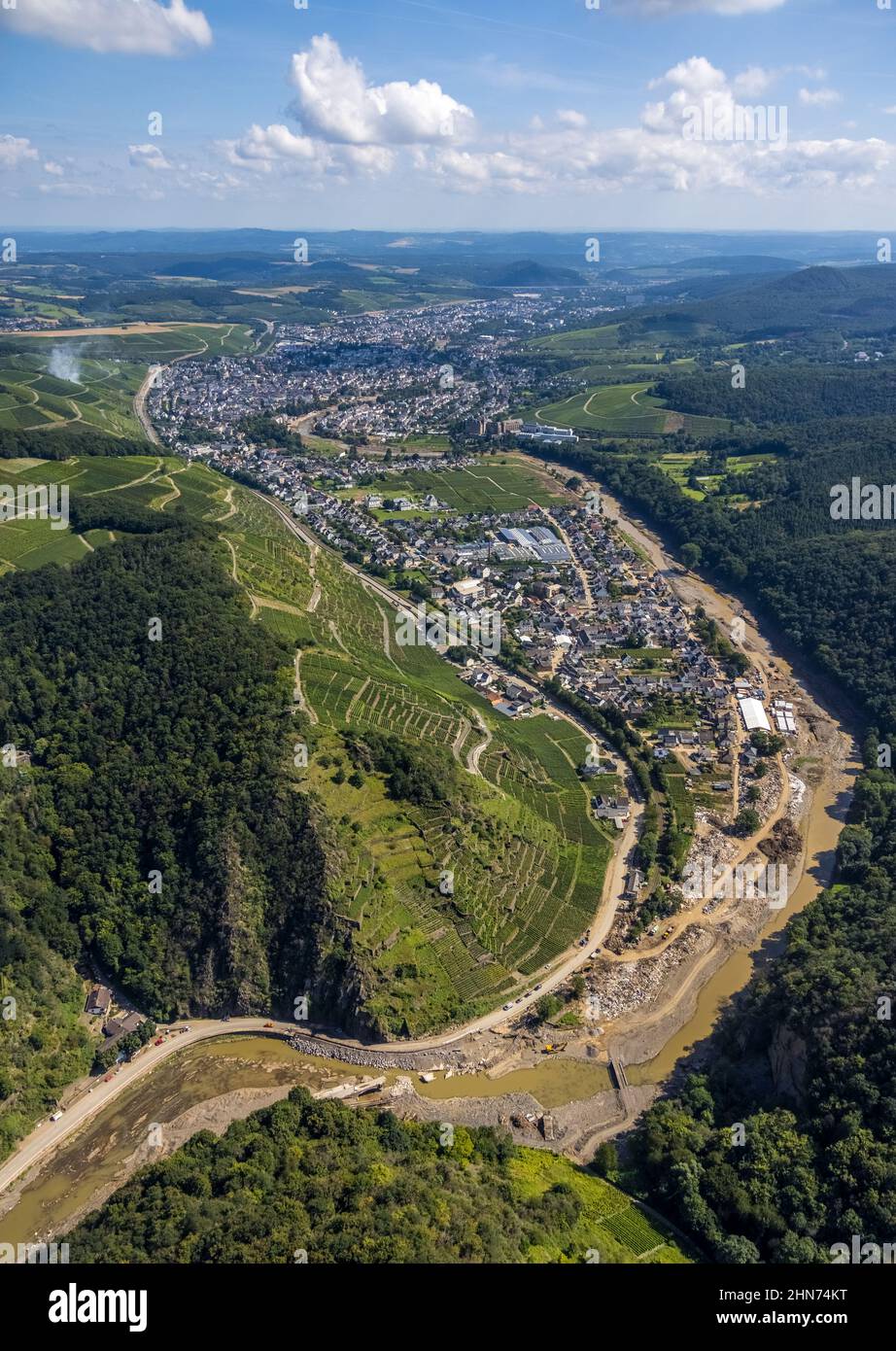 Aerial photograph, flooded area at the river Ahr in Walporzheim with ...