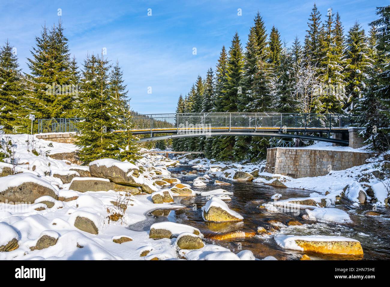 Pedestrian broder bridge over Jizera River in winter Stock Photo - Alamy
