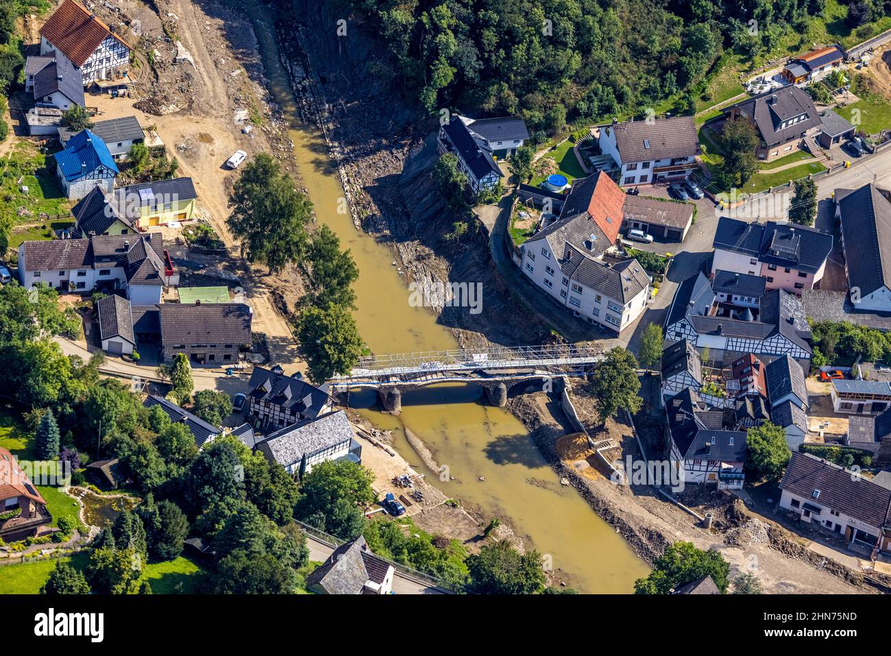 Aerial photograph, flooded area with river Ahr and bridge damage ...