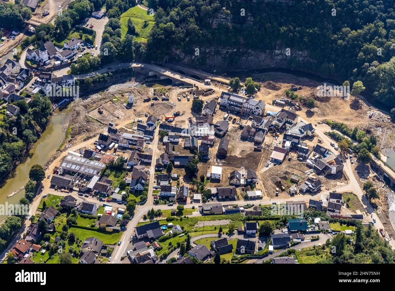 Aerial photograph, flooded area with river Ahr in Schuld, Ahr flood ...