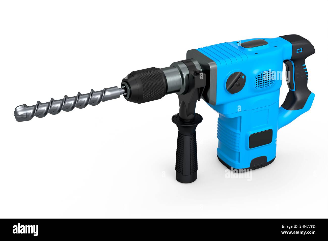 Electric drill with cord and attached metal bit isolated on white ...