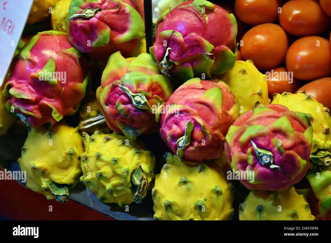 Fresh and healthy rare pear fruit for sale at a market in Spain, Europe ...